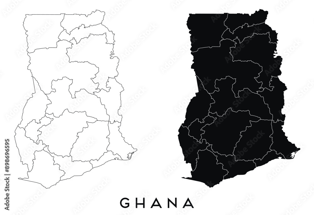Ghana map of regions districts vector black on white and outline Stock ...