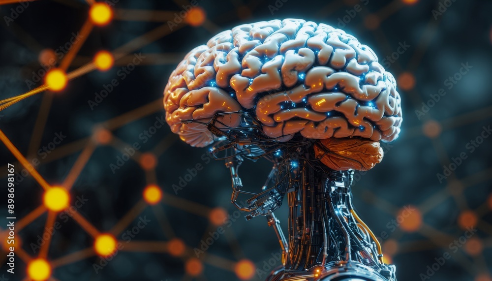 detailed neural network graphic, human brain in focus at the front ...