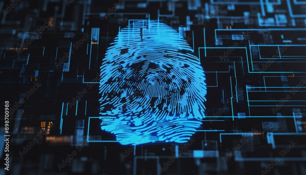 neon-blue fingerprint icon shining against a jet-black mesh backdrop ...