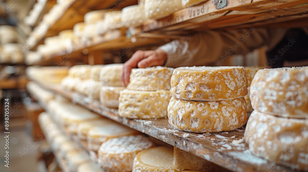 The hands of a male cheesemaker hold a fresh wheel of cheese. Cheese ...