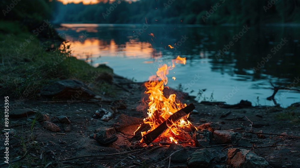 Isolated campfire in nature. campfire in nature with river and forest ...