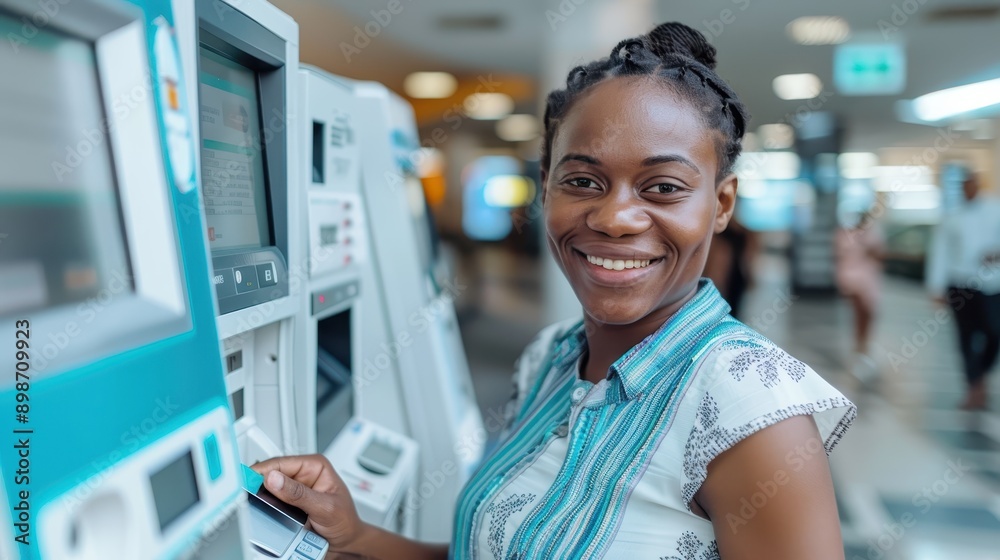 A smiling woman stands in a brightly lit bank lobby, using an ATM. She ...