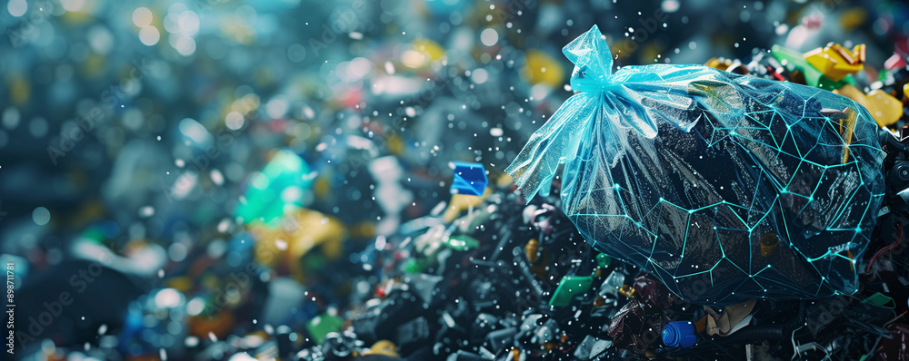 Overflowing garbage pile with digitally generated blue lines indicating ...