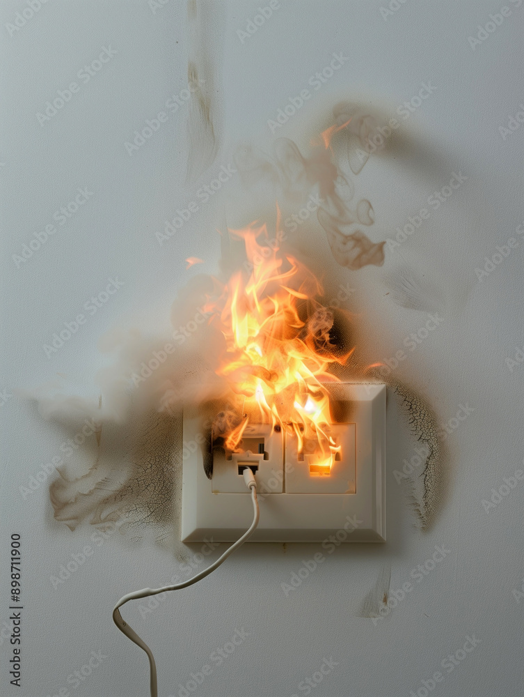 Electrical outlet on fire causing smoke and damage to the wall ...