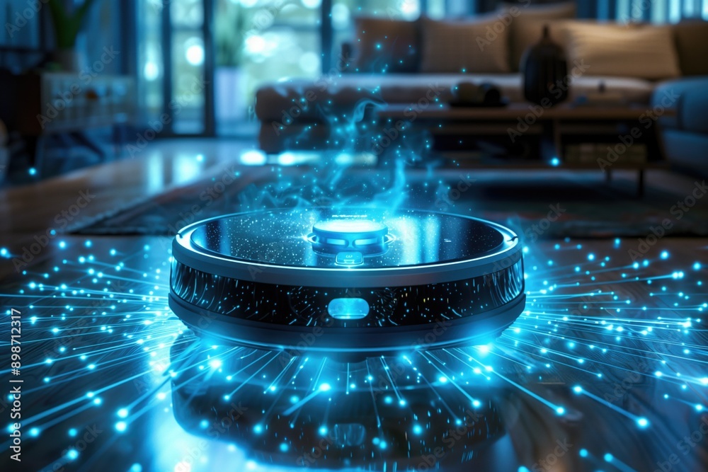 Autonomous smart vacuum robot cleaning a modern living room with ...