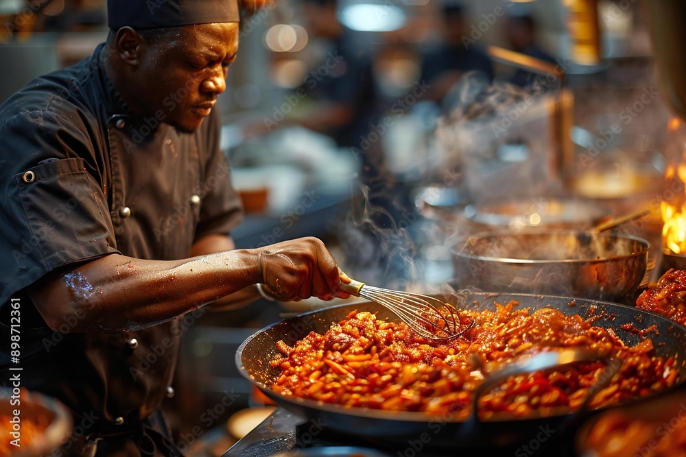 Full body photo of African American chef creating a masterpiece dish ...