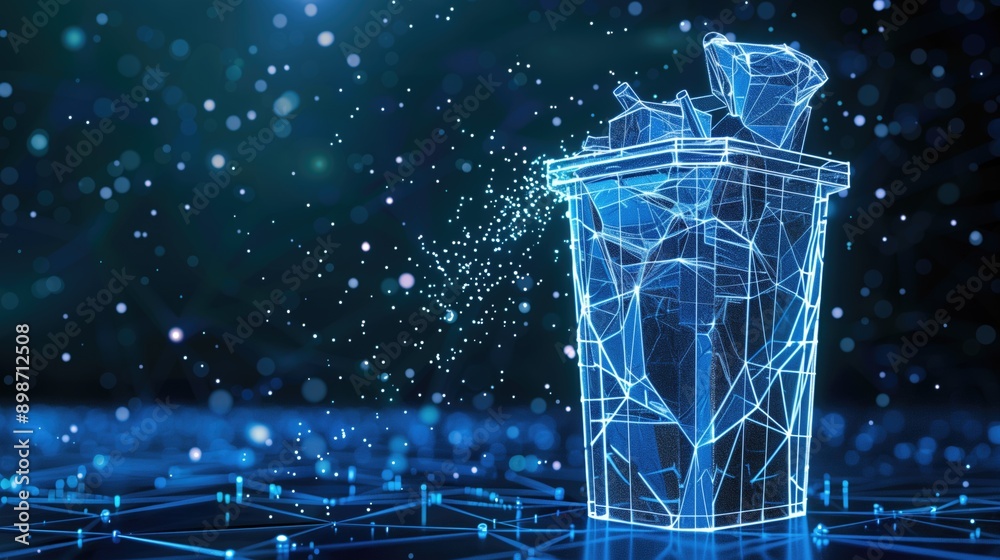 Futuristic digital waste bin made of network lines and glowing ...