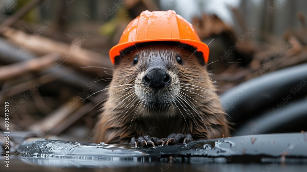 Beaver wearing an orange construction helmet in a natural wetland habitat. Nature conservation ...