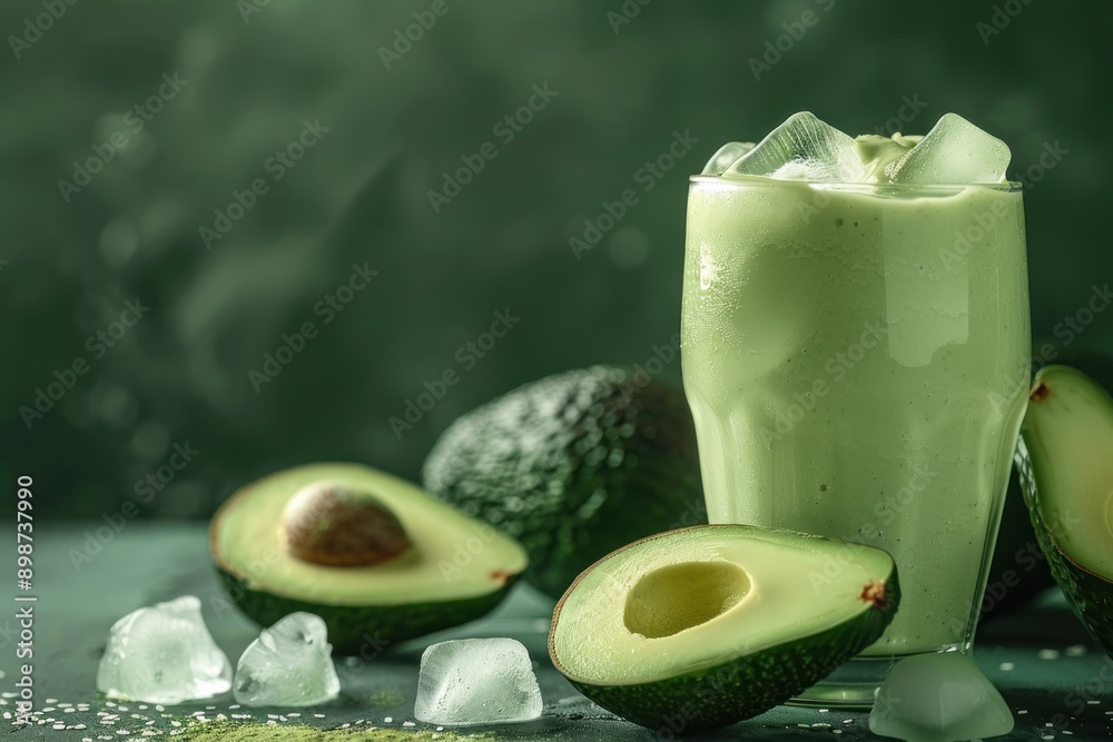 Avocado chunks and ice cubes in a glass of avocado smoothie, Dark green ...