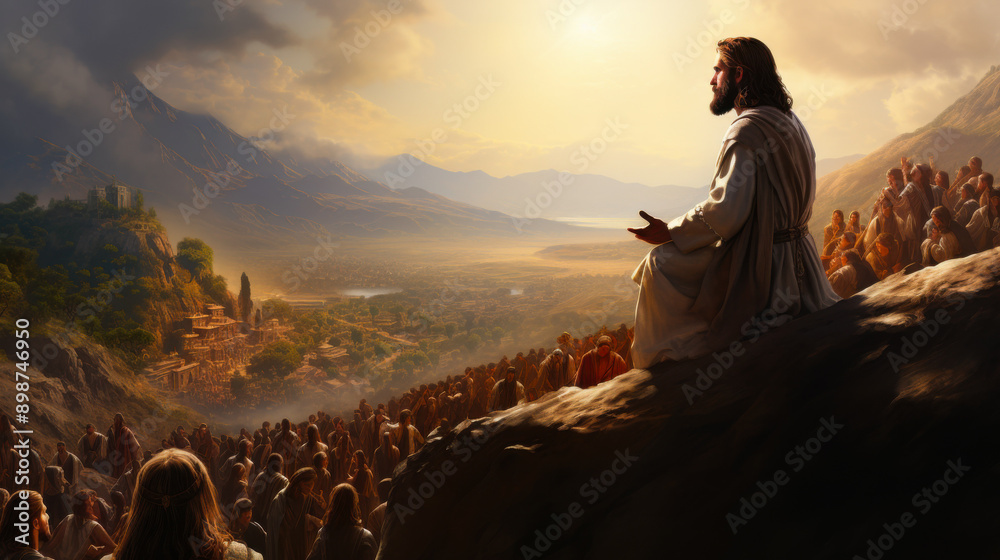 Jesus addressing the crowd on mountain Stock Illustration | Adobe Stock