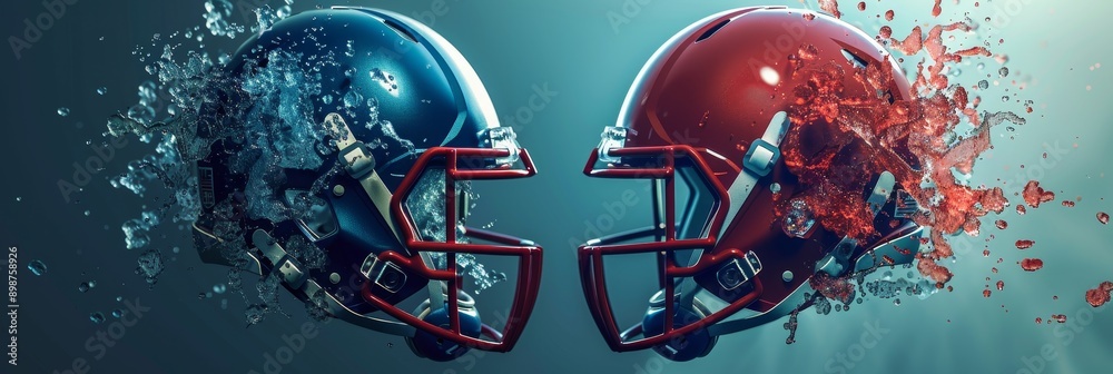 Two American Football helmets, one blue and one red, collide in a ...