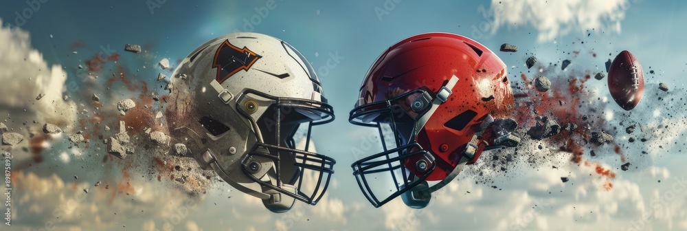 Two football helmets, one white and one red, face off against each ...