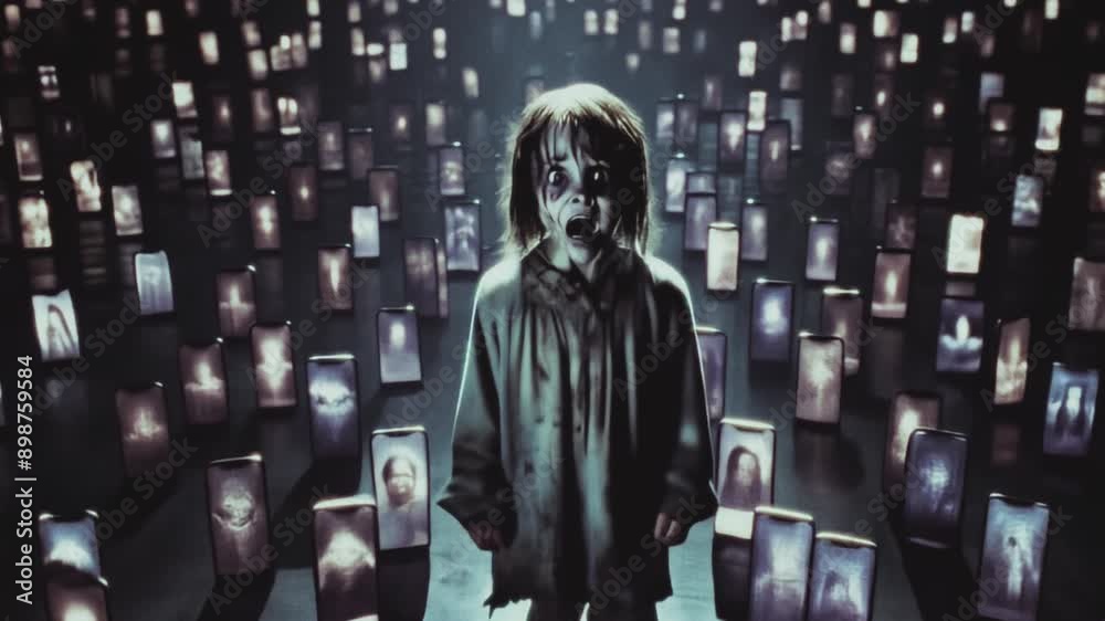 Zoom in on a child screaming in horror, encircled by smartphones ...