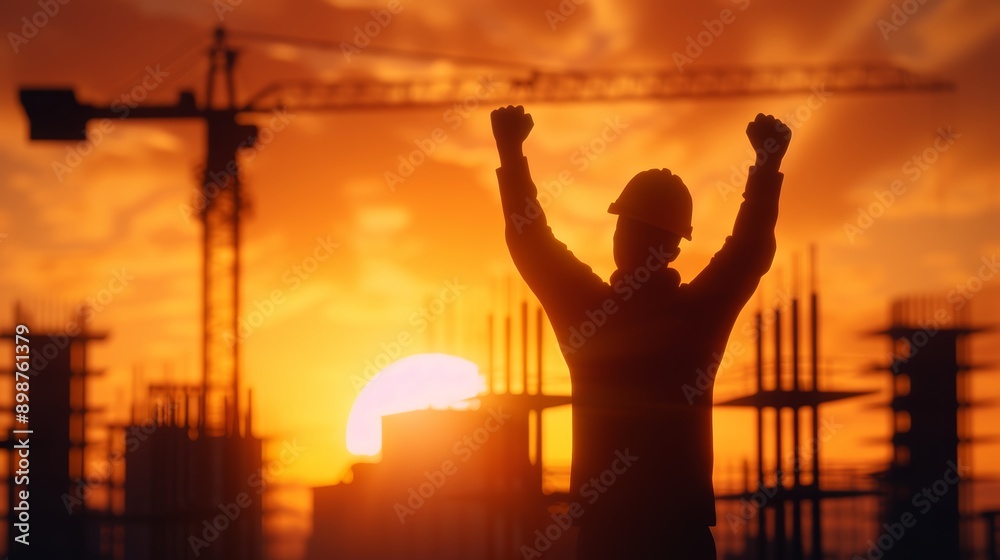 Anonymous builder, celebrating, active construction site, sunset glow ...