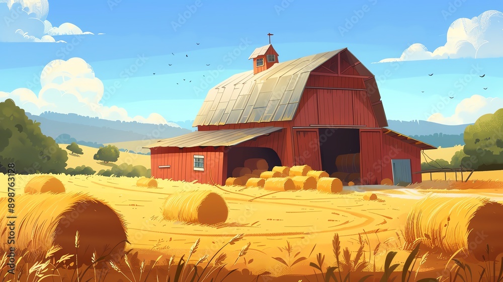Cartoon barn surrounded by hay bales and farming equipment, farm scene ...