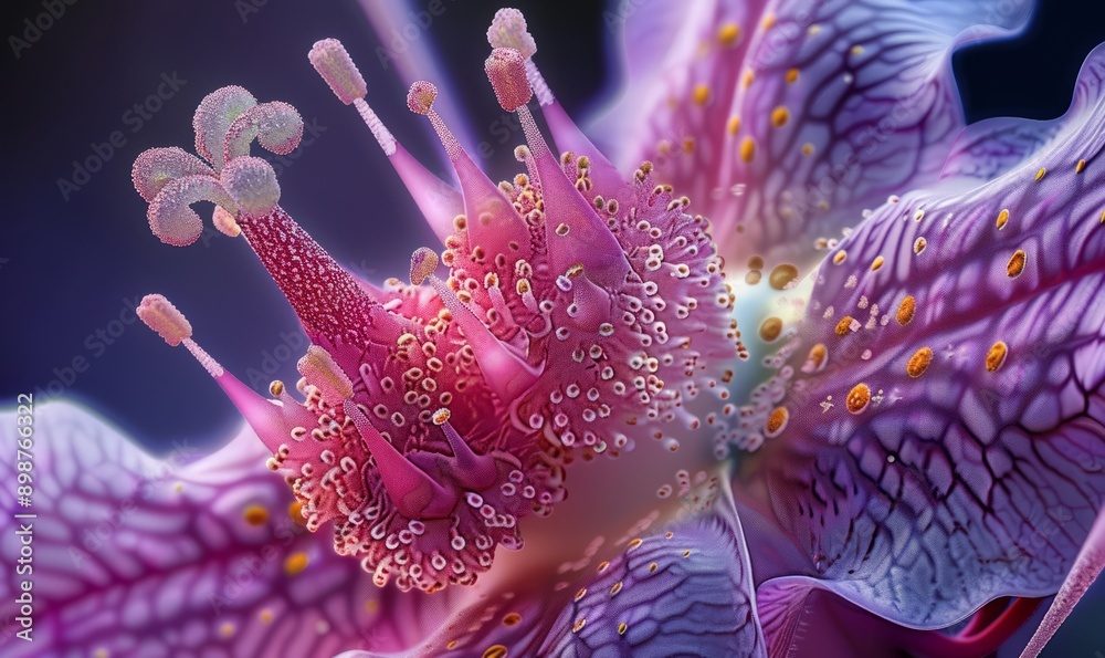 Enlarged section of the flower stamen showing the pollen-covered anther ...