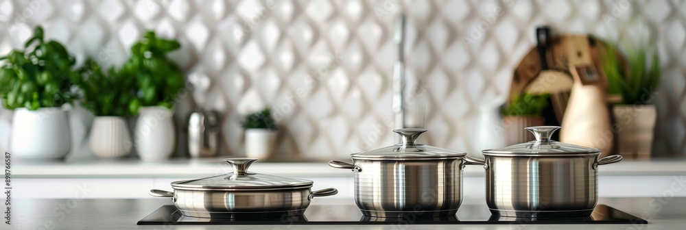A sleek and modern kitchen countertop with three gleaming stainless ...