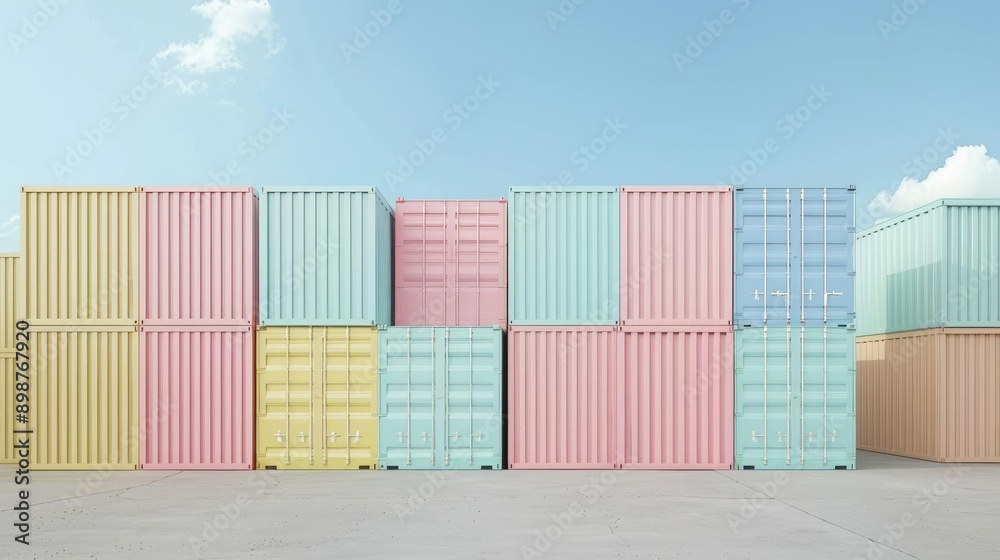3D rendered pastel color cargo containers in flat design, import-export ...