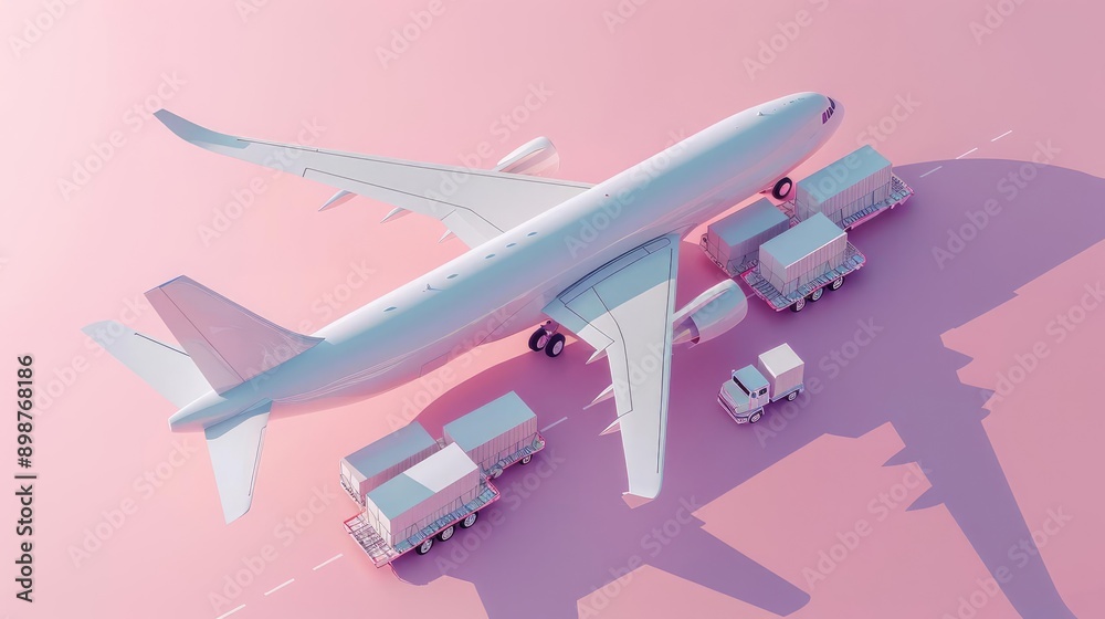 Top view cargo plane loading in pastel 3D render, import-export ...