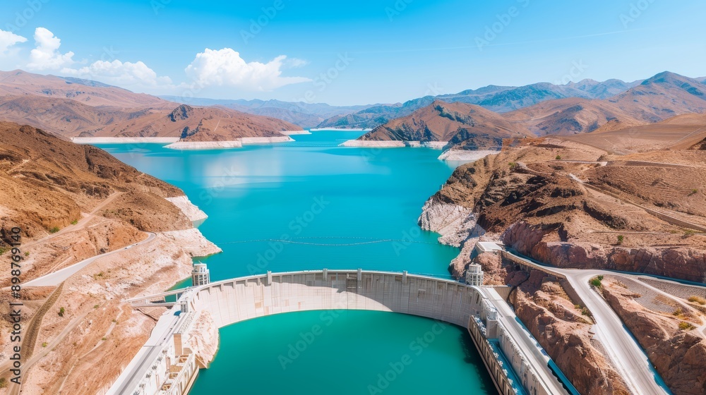 Overhead perspective of a giant dam structure with a pristine reservoir ...