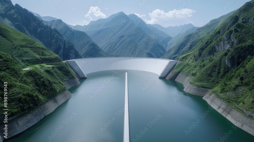 ภาพประกอบสต็อก Overhead perspective of a giant dam structure with a ...