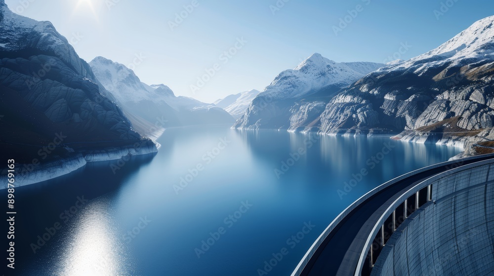 Overhead perspective of a giant dam structure with a pristine reservoir ...