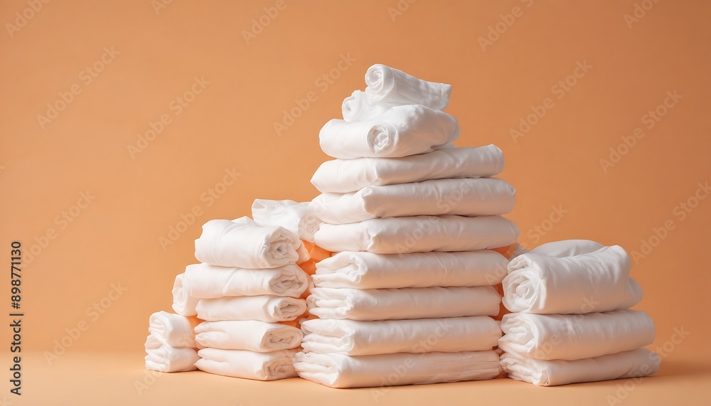 Baby diapers collection stack up pilled on orange color background with ...
