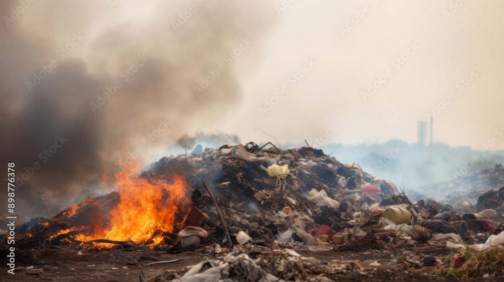 Foto de Dangerous burning of household waste in a garbage dump ...