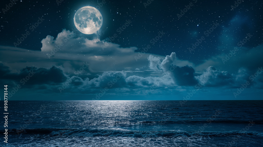 Paisagem do céu com lua cheia em paisagem marinha à noite Natureza ...