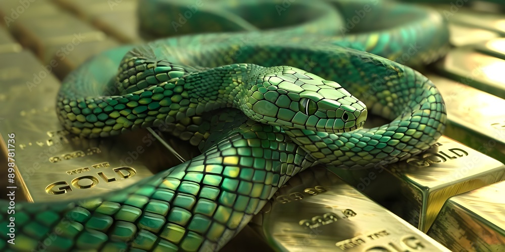 Snake on gold bars, precious metal. The concept of the symbol of the ...