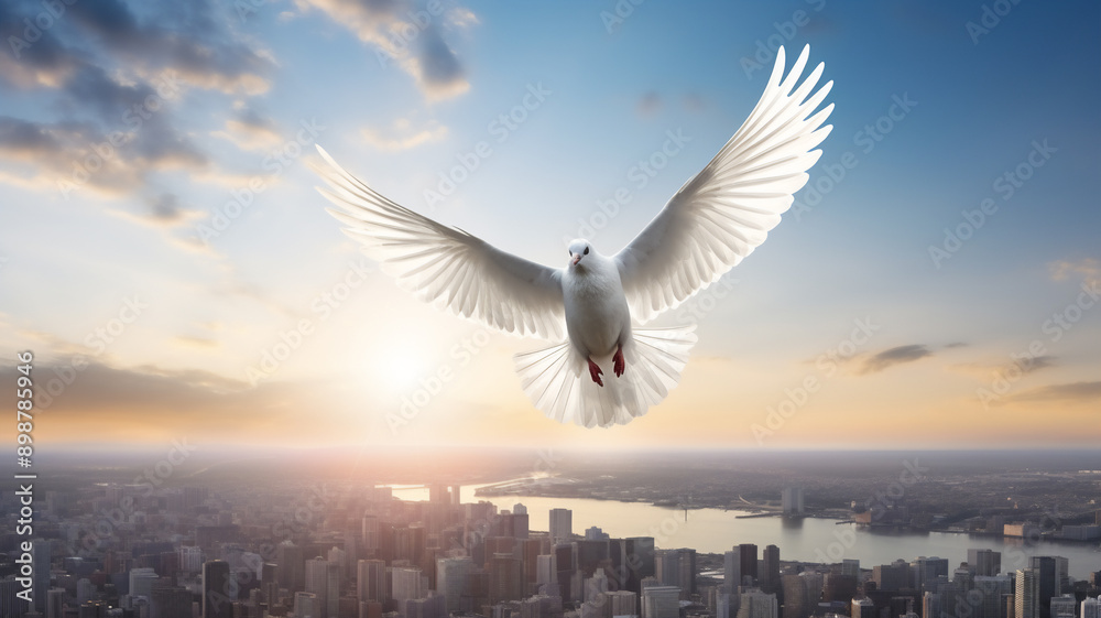 A single white dove flying in the air with wings wide open on a city ...