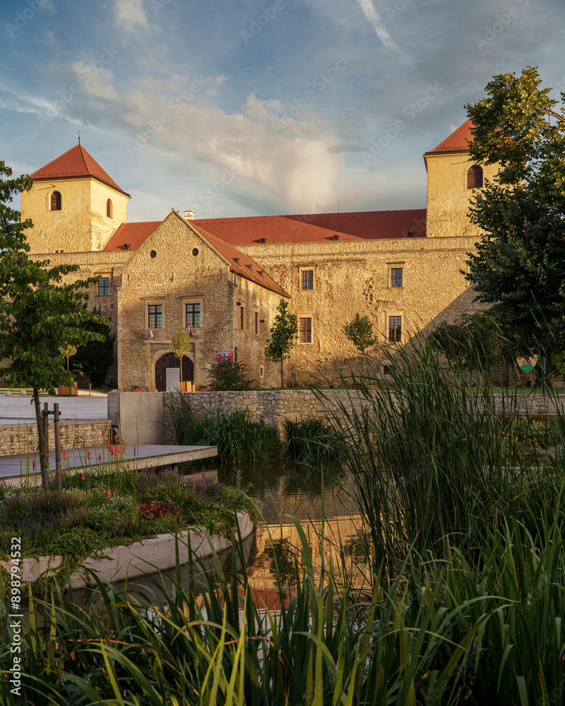 Aerial view of Varpalota Thury castle with newly renovated red orange ...