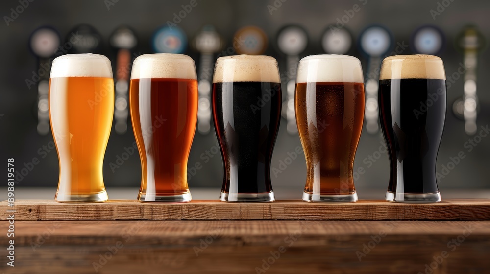Six craft beer glasses lined up on a rustic wooden bar, each showcasing ...