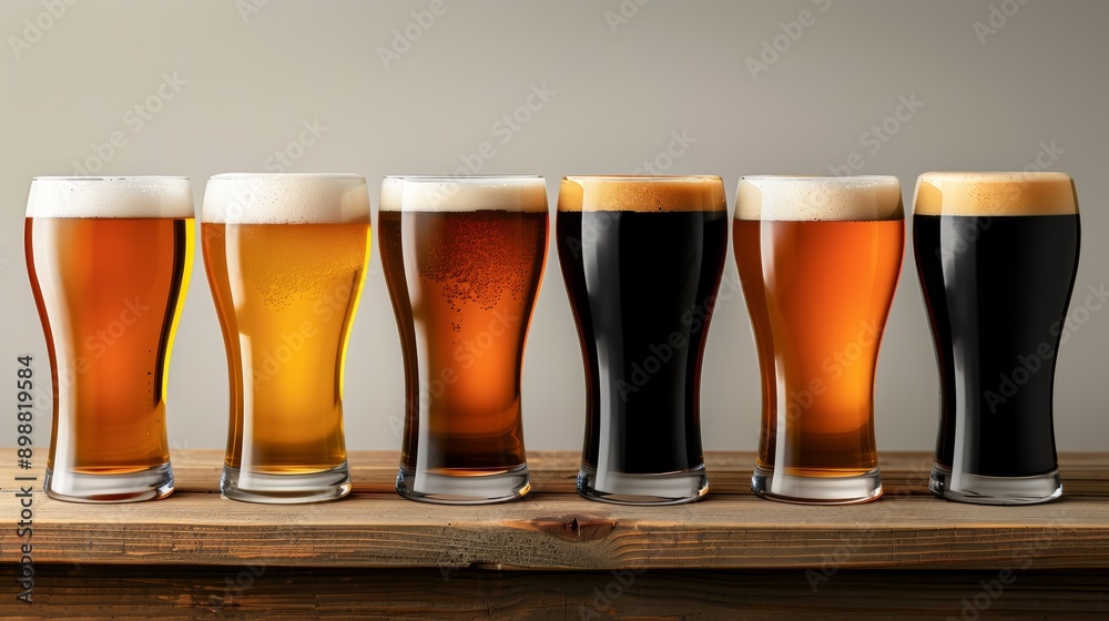 Six craft beer glasses lined up on a rustic wooden bar, each showcasing ...