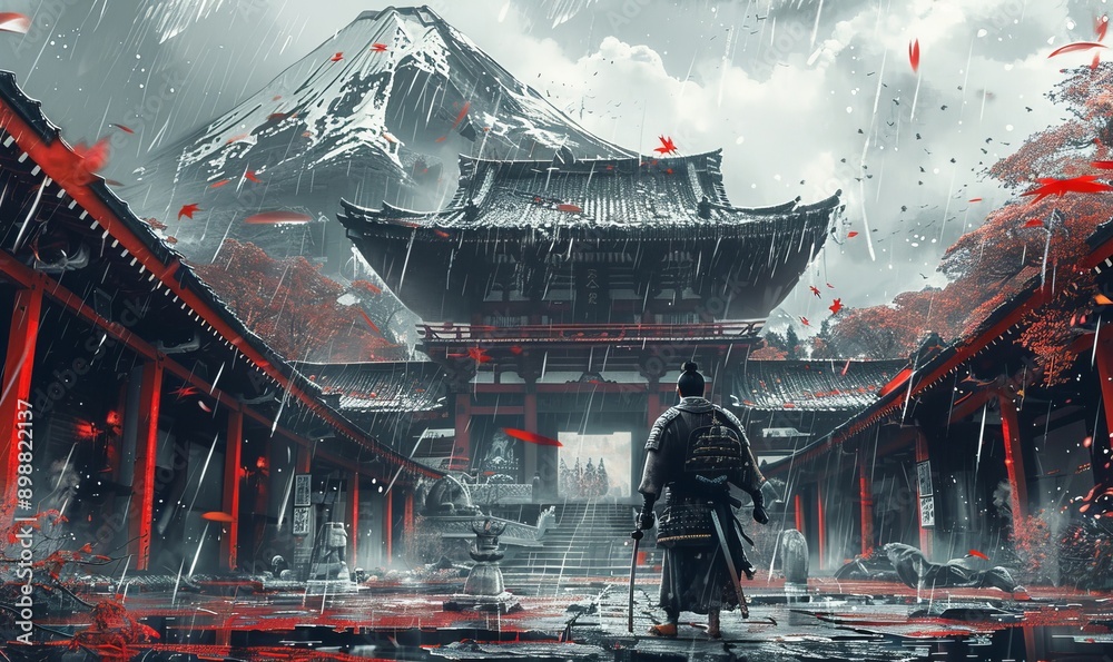 a epic samurai with a weapon sword standing in front of a old japanese ...