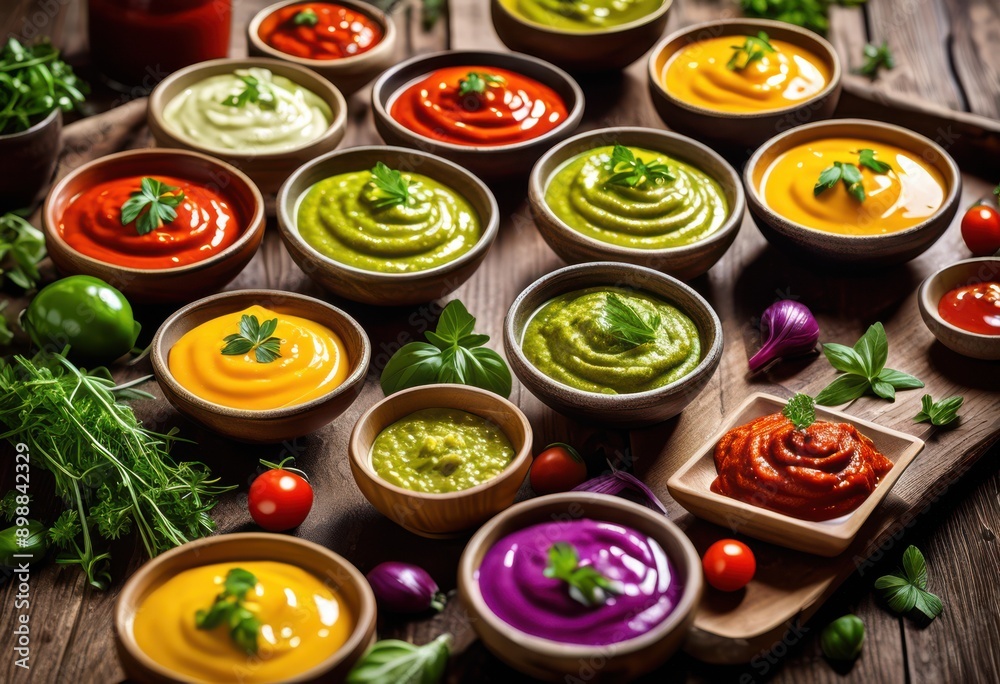 vibrant array richly colored sauces small bowls garnished fresh herbs ...
