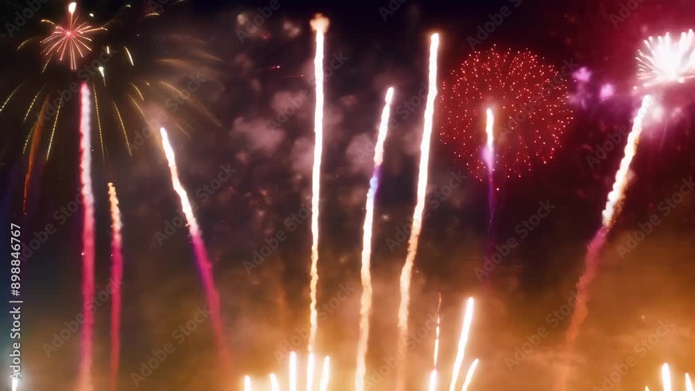 fireworks show lights up the night sky over a bustling city with ...