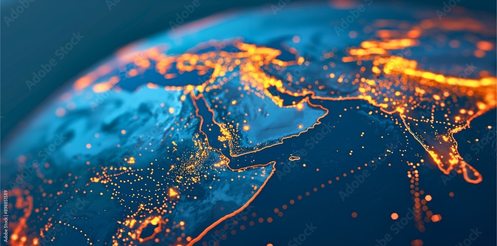 "High-tech digital visualization of the world map with glowing ...