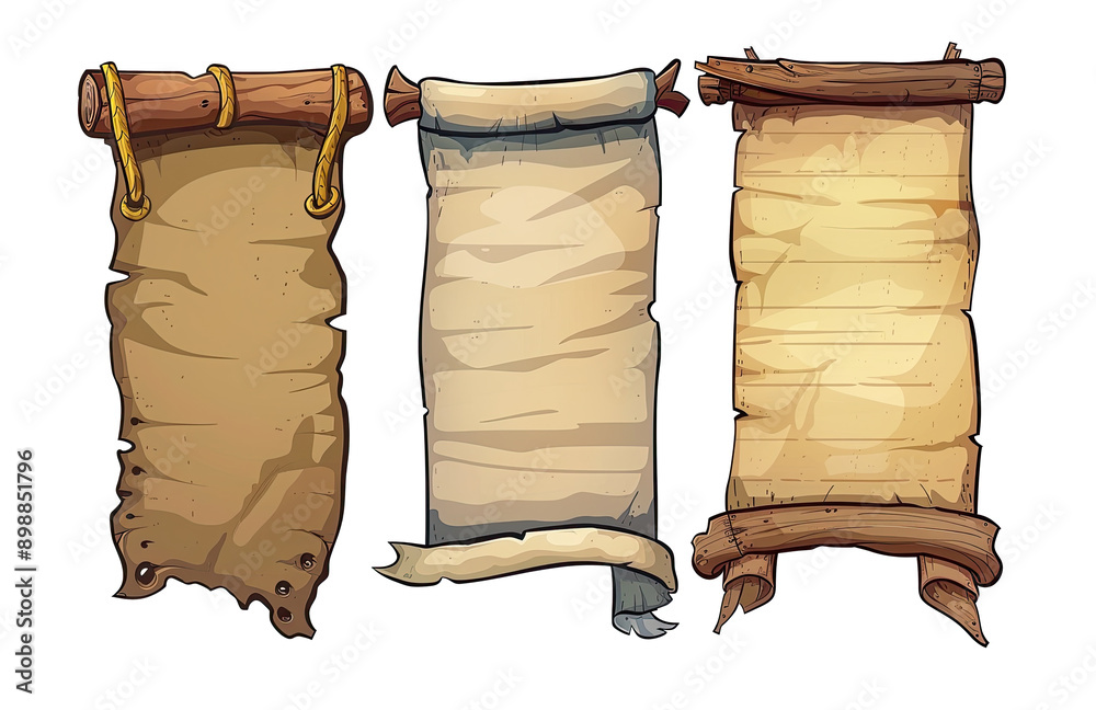 antique manuscript on wood rods. Old paper parchment scroll cartoon ...