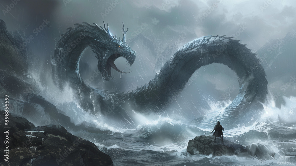 Legendary Viking Hero Slaying Mythical Sea Serpent in Stormy Battle ...