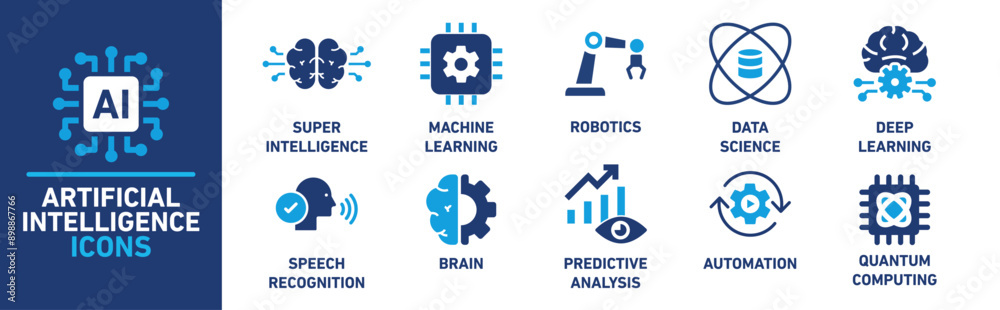 Vetor de Artificial intelligence icon collection. Super intelligence ...