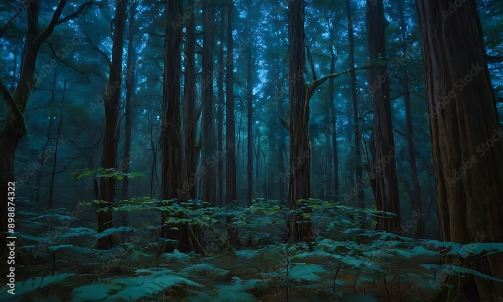 A dense forest of towering alien trees with bioluminescent leaves and ...