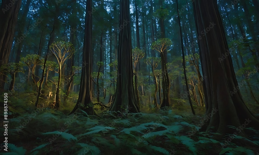 A dense forest of towering alien trees with bioluminescent leaves and ...