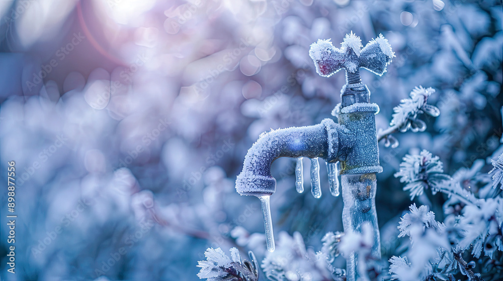 Frozen water pipe in winter close-up water tap covered with ice icy ...