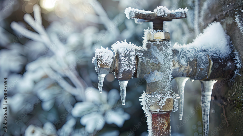 Frozen water pipe in winter close-up water tap covered with ice icy ...