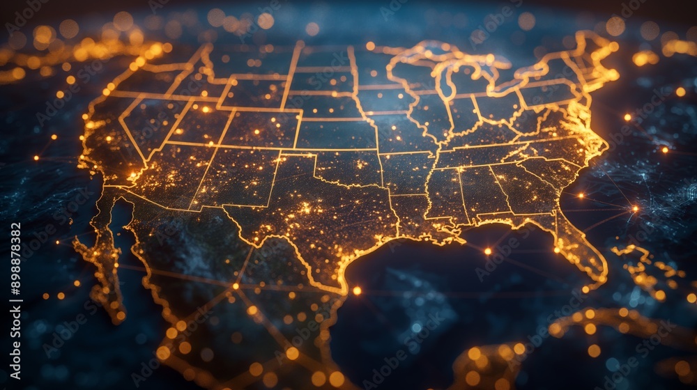 A detailed night view map of the United States highlighting the ...