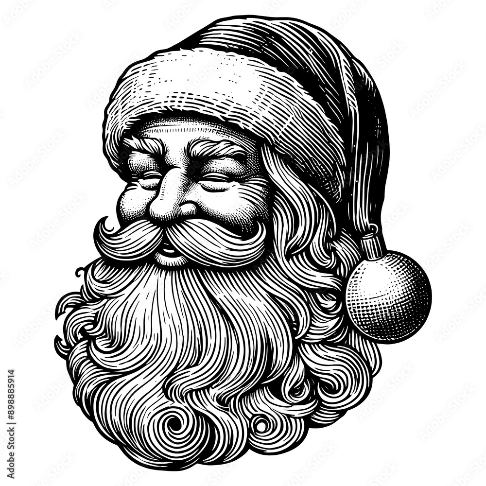 smiling Santa Claus head with a curly beard and classic hat sketch ...