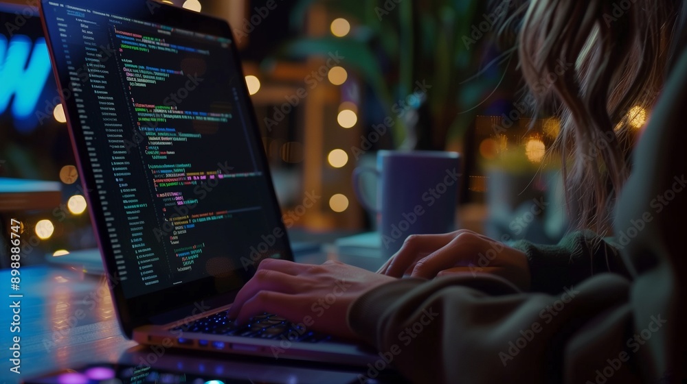 Closeup coding on screen woman hands coding html and programming on screen laptop development ...