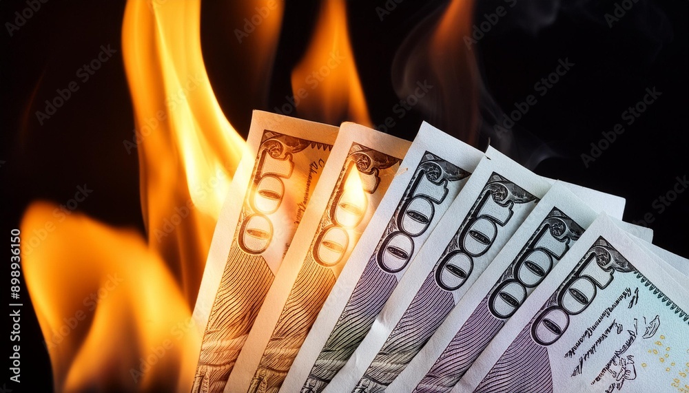 One hundred dollar bills being burned as the flame gets bigger and ...