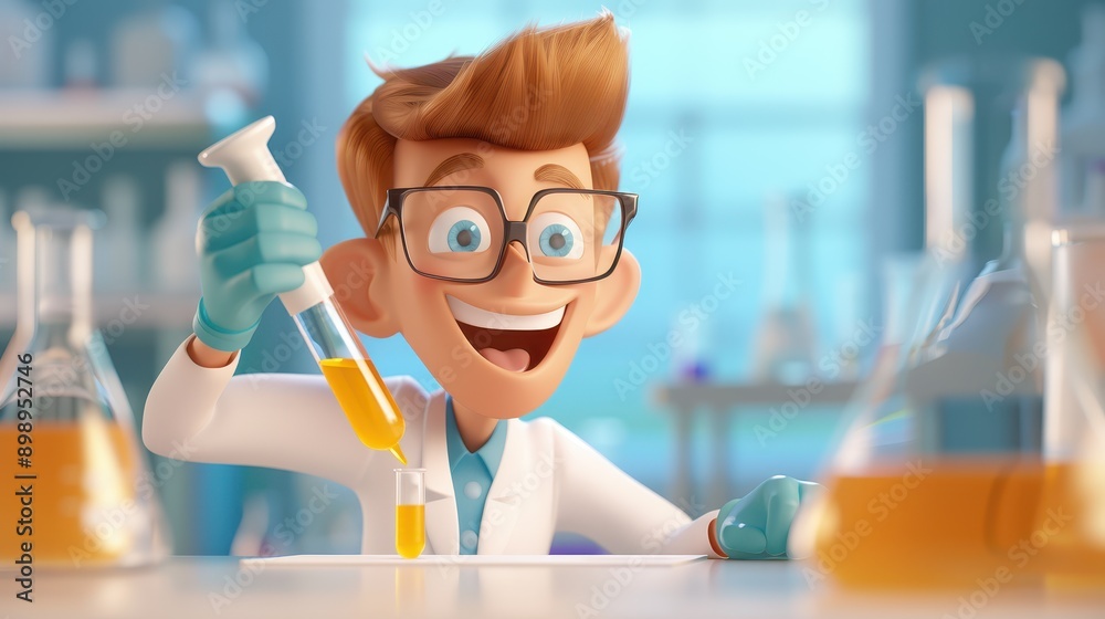 A highly excited animated scientist with brown hair, wearing glasses ...